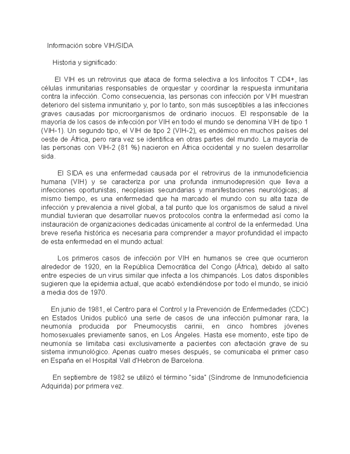 Información sobre VIH: Historia, Significado y Tratamiento - Studocu