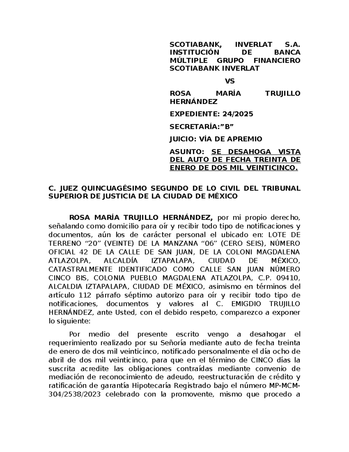 SCOTIABANK INVERLAT vs ROSA MARÍA TRUJILLO: Vía de Apremio - Studocu