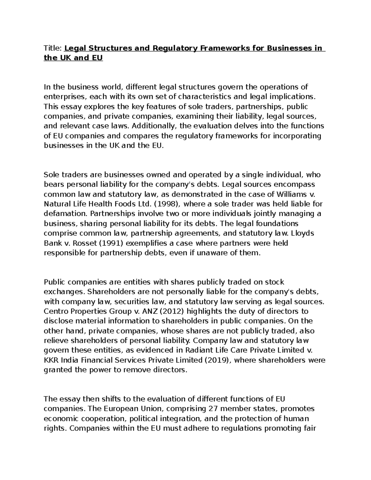 Legal Structures & Regulatory Frameworks for UK & EU Businesses - Studocu