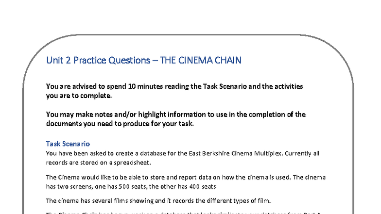 Unit 2 Practice Questions: Database Design for Cinema Chain - Studocu