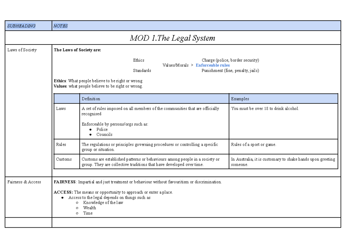11LS - Study Notes: The Legal System and Law Reform Overview - Studocu