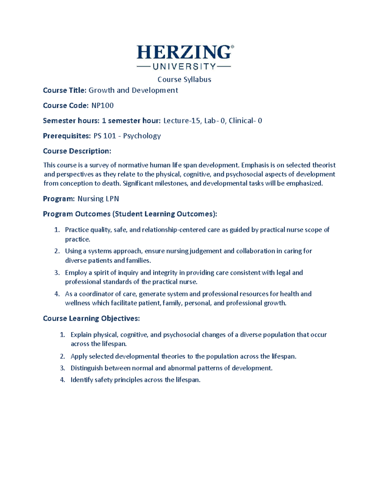 NP100 Growth and Development Course Syllabus Overview - Studocu