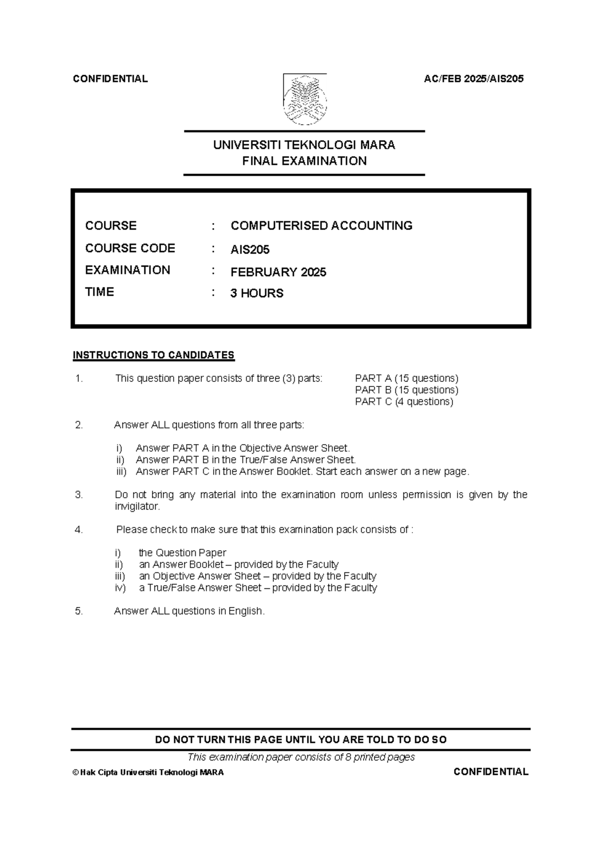 AIS205 Computerised Accounting Final Exam Past Year Paper - Feb 2025 ...