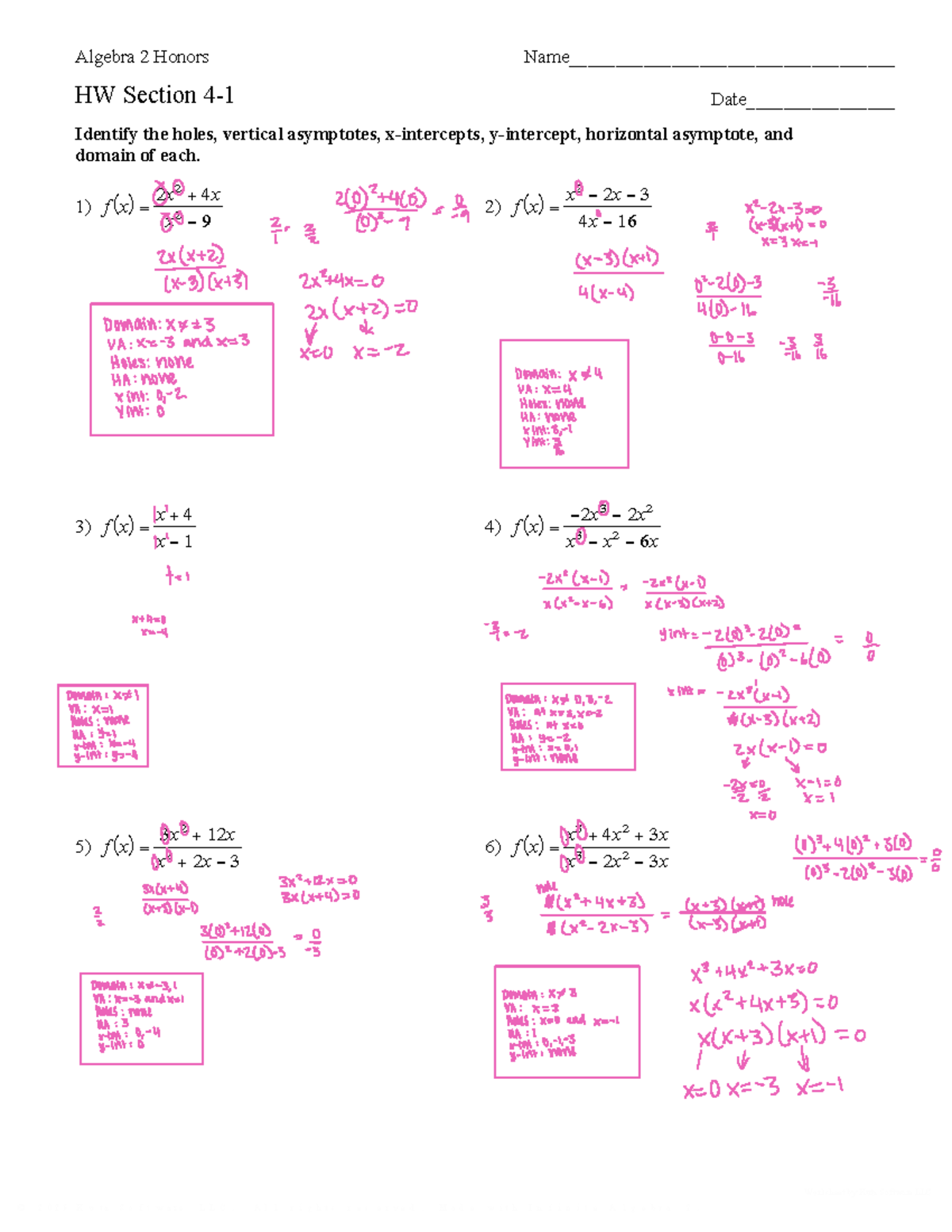 Algebra 2 Honors - HW Section 4-1: Analyzing Functions - Studocu