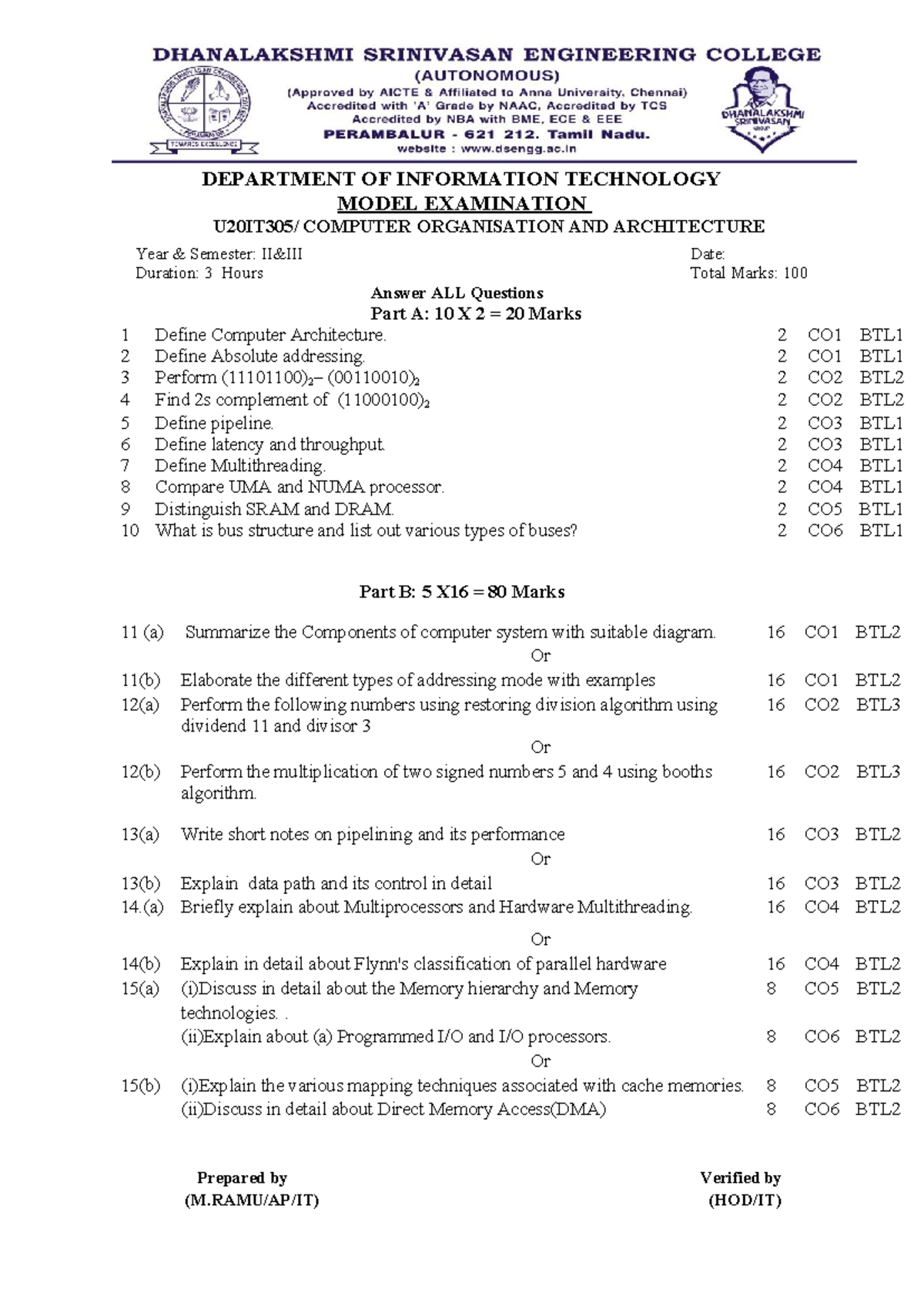 U20IT305 COA Model Exam Question Paper Set 1 - Studocu