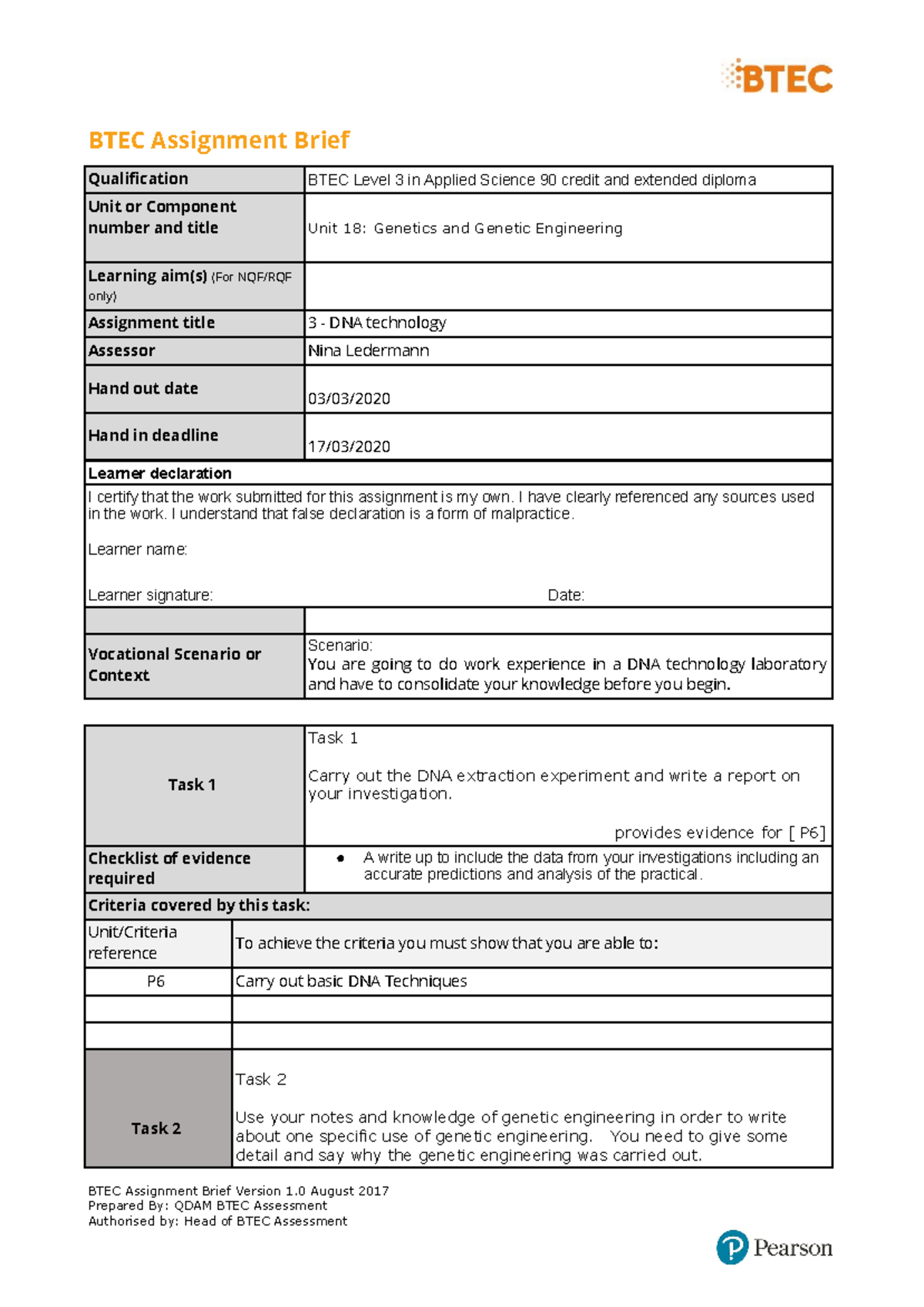 BTEC L3 Applied Science U18 - Assignment Brief on DNA Technology - Studocu