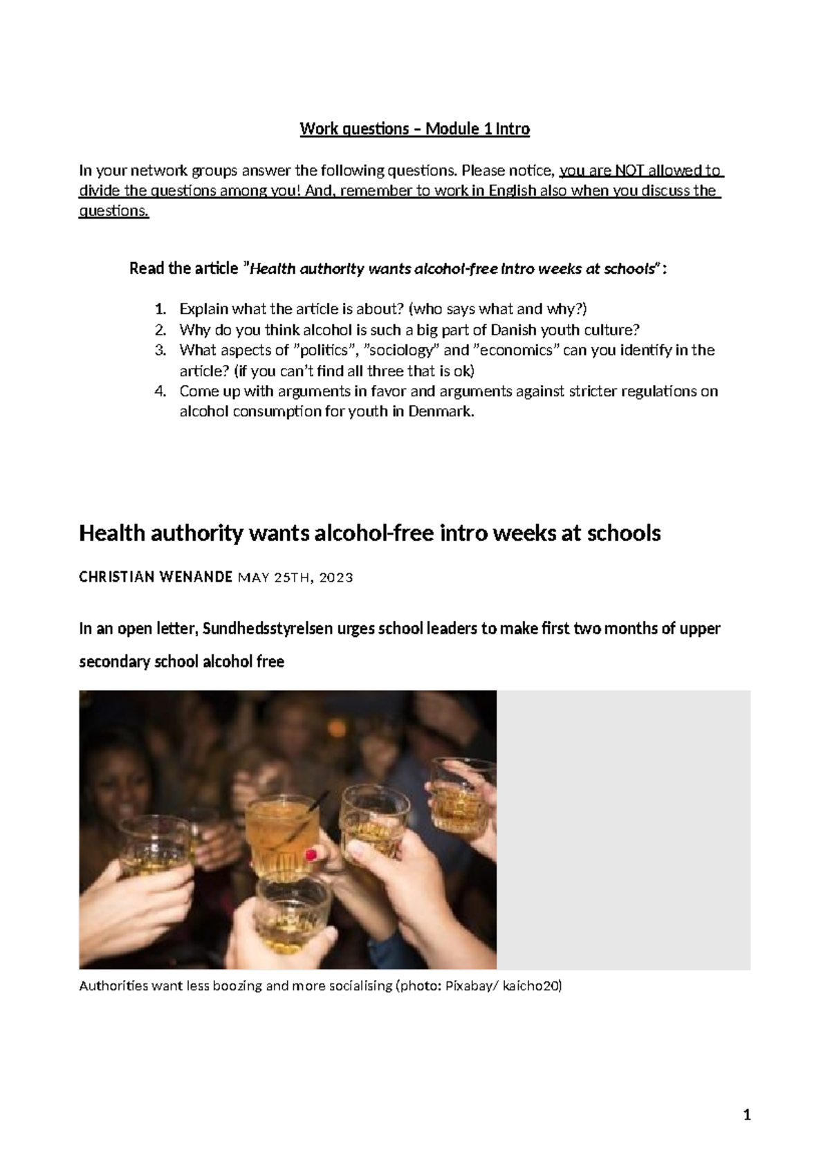 Module 1 Work Questions: Alcohol Culture in Danish Youth - Studocu