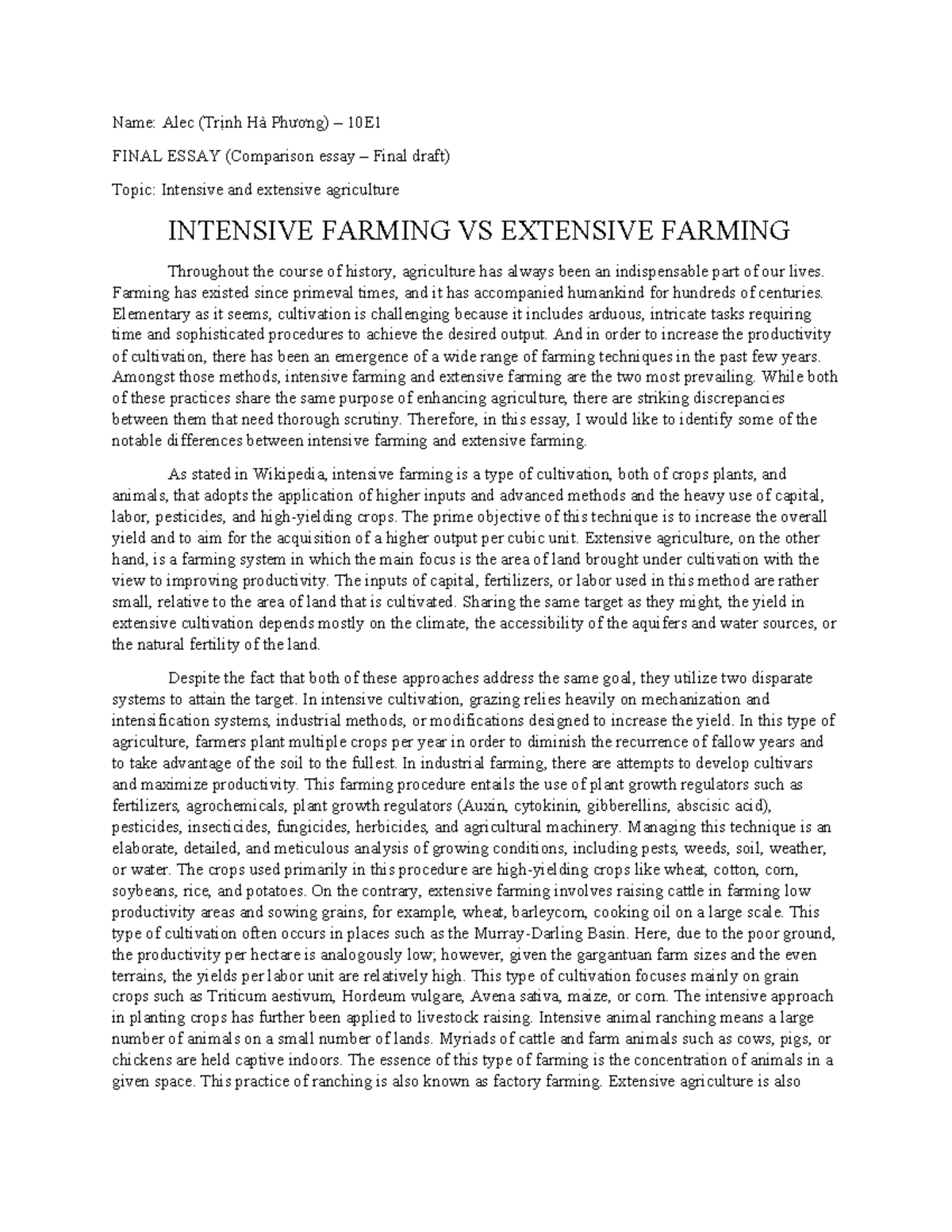 Extensive vs Intensive Farming - Name: Alec (Trịnh Hà Phương) – 10E ...