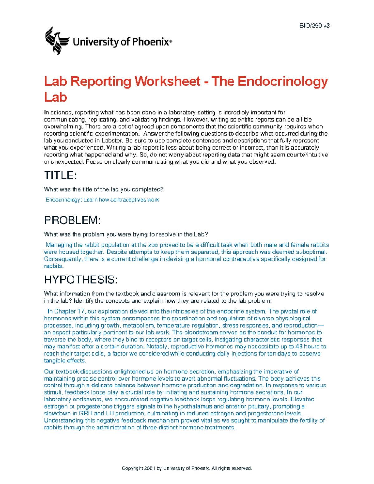 Bio290 v3 Week 7 Lab Report: Endocrinology and Hormonal Contraception ...