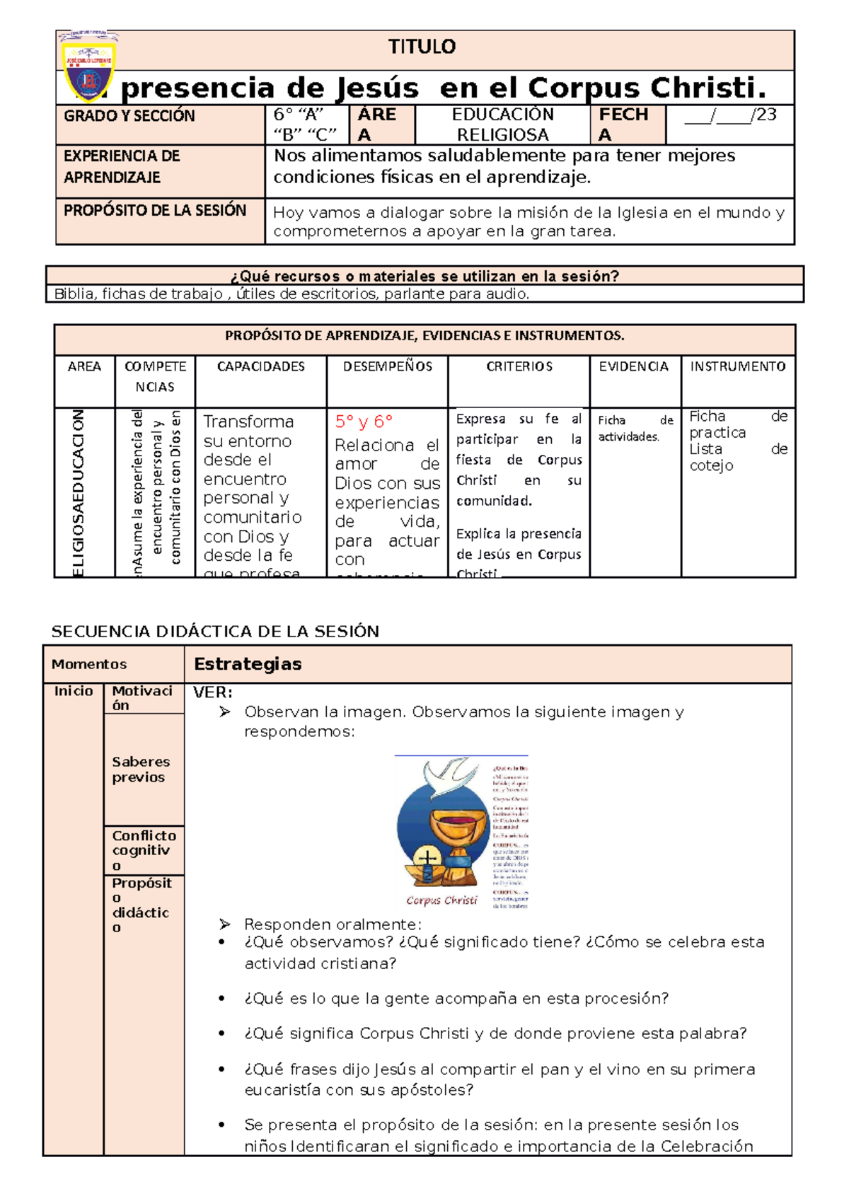 Sesión de Aprendizaje: La Eucaristía en Corpus Christi para 6° A/B/C - Studocu