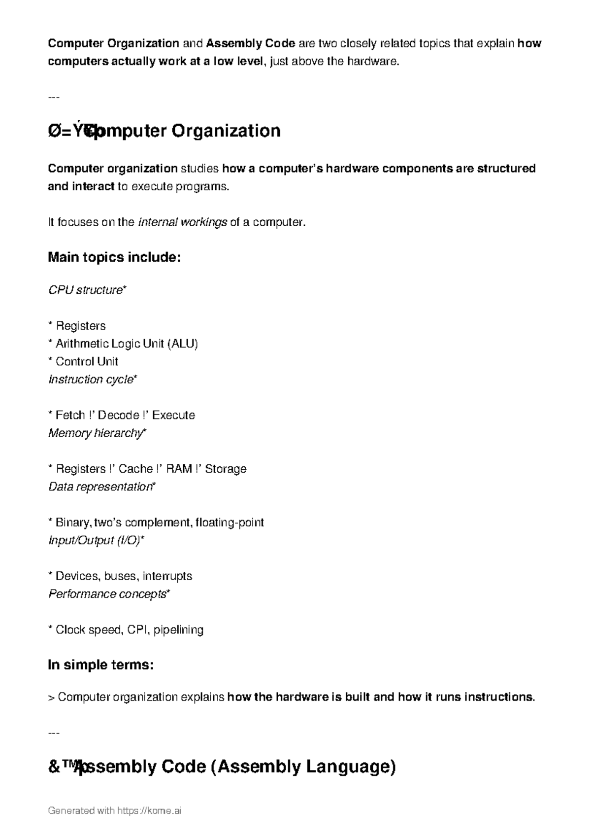 Computer Organization and Assembly Code Overview (CS101) - Studocu