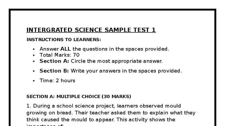 Grade 7 Integrated Science Sample Test 1: Comprehensive Review - Studocu