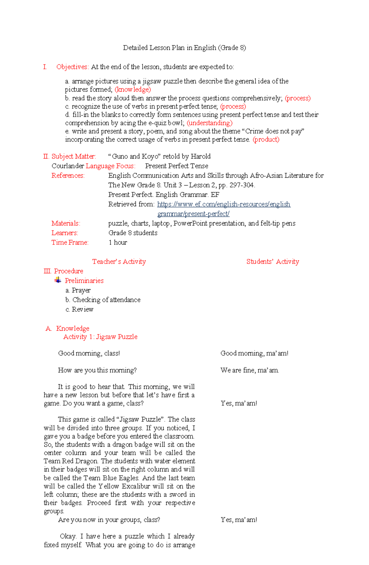 Detailed Lesson Plan for English 8: Present Perfect Tense Activities ...