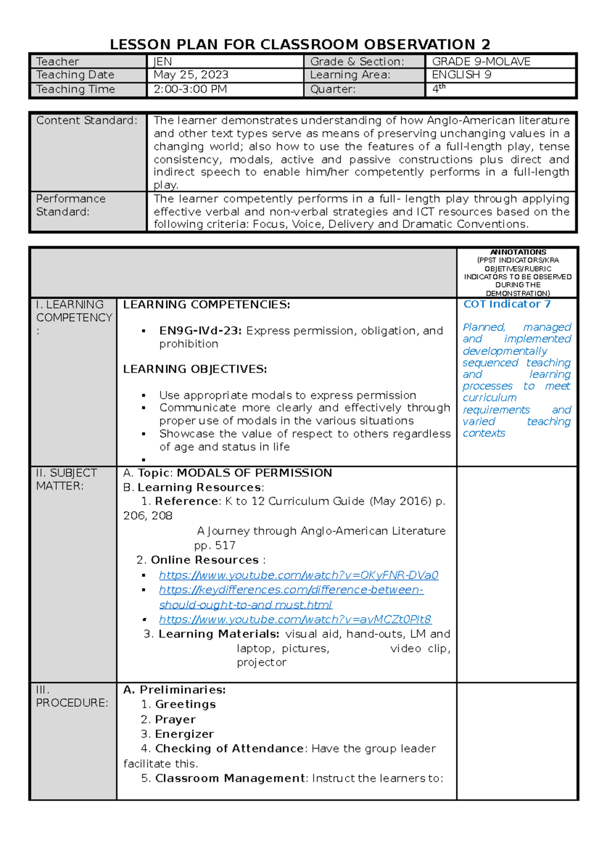 CO2 LP Sample 1 - Classroom Observation Lesson Plan for Grade 9 English ...