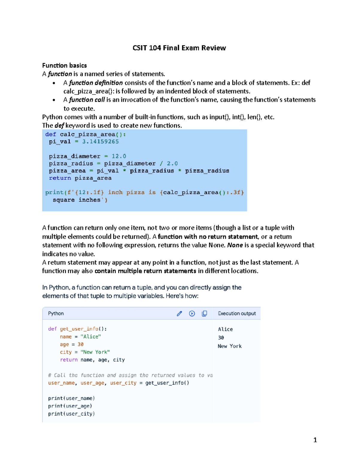 CSIT 104 Final Exam Review: Functions in Python - Studocu