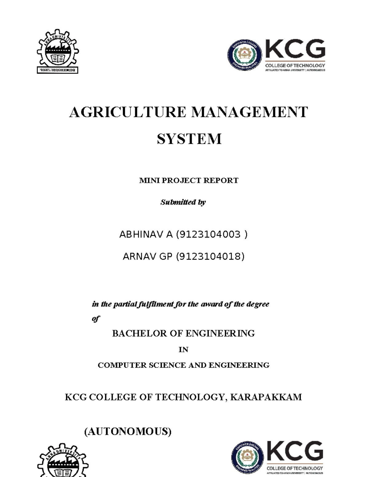23CS322 Mini Project Report: Agriculture Management System DBMS - Studocu