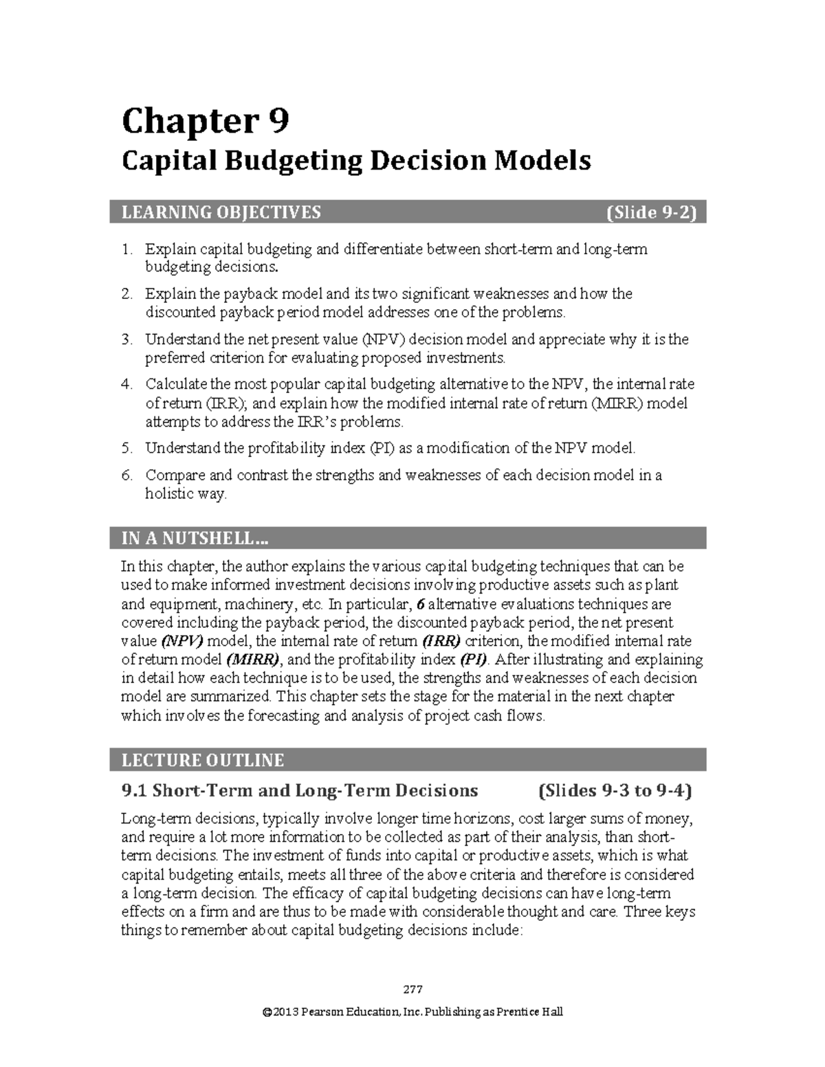 Chapter 09 - Capital Budgeting Decision Models - Chapter 9 Capital ...