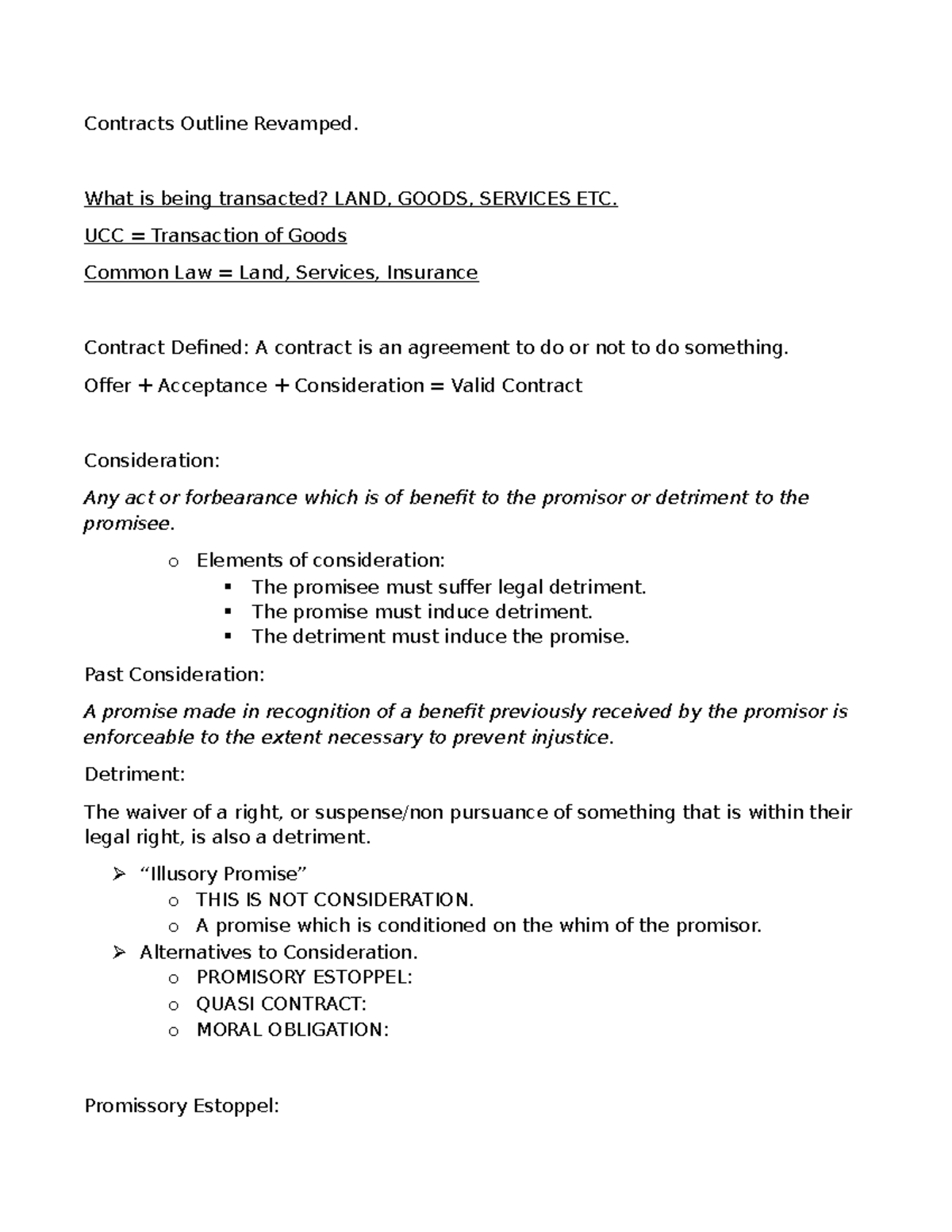 Contracts Outline - Key Concepts and Principles (LAW 201) - Studocu