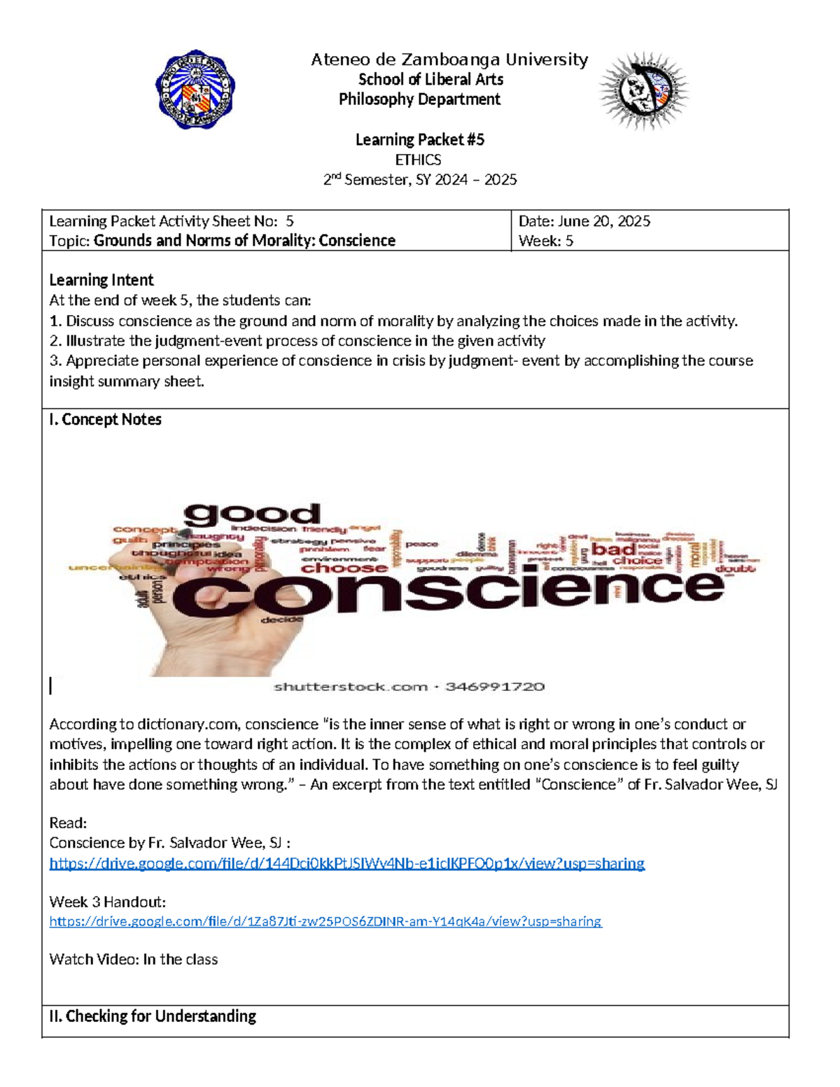 Learning Packet No. 5: Conscience as Ground & Norm of Morality (ETHICS) - Studocu
