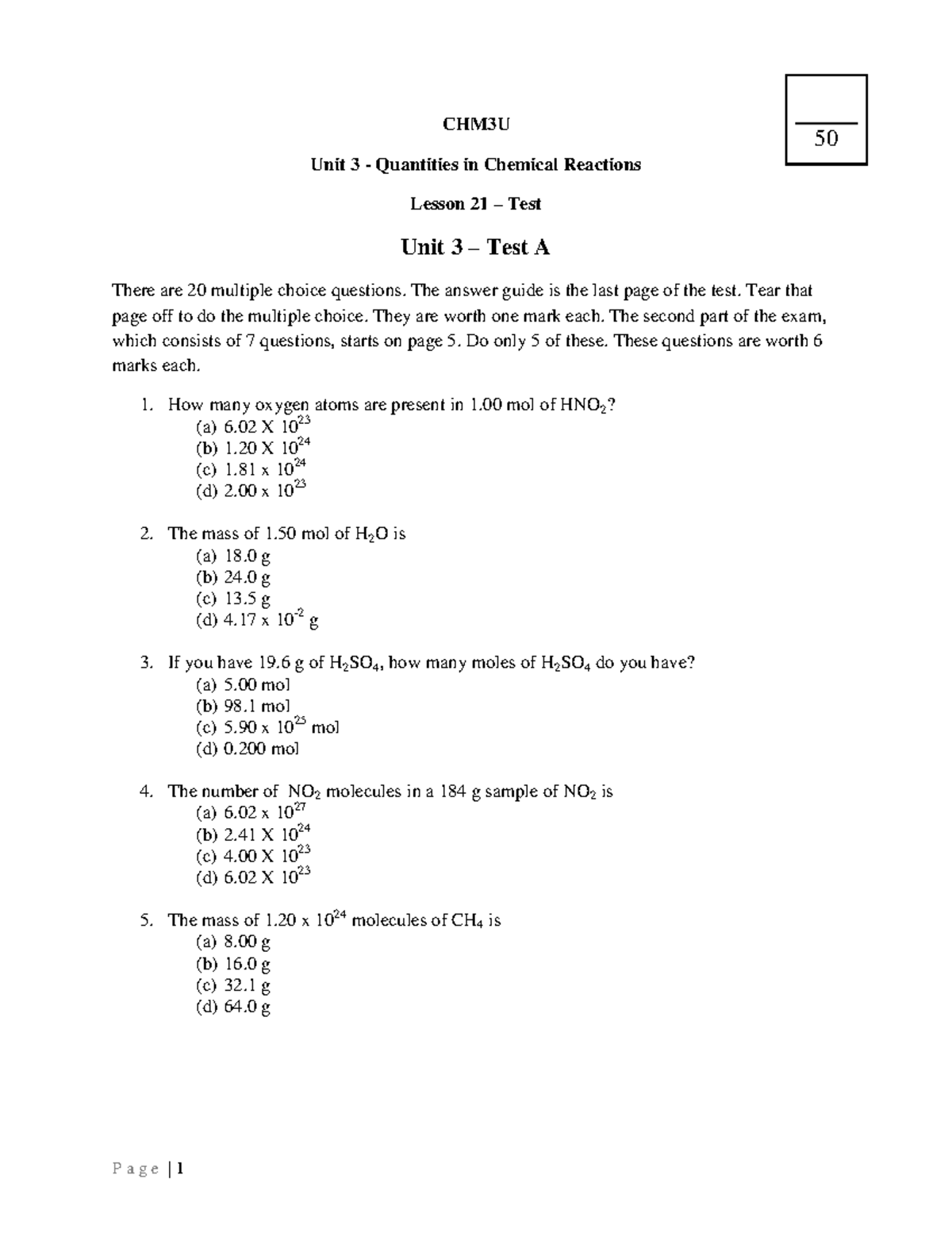 CHM3U Unit 3 Stoichiometry Test A Practice Problems - Studocu