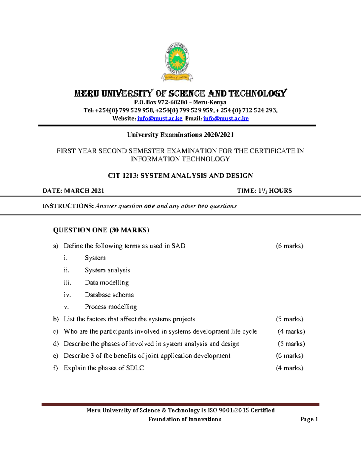 CIT 1213: System Analysis and Design Exam Notes - March 2021 - Studocu