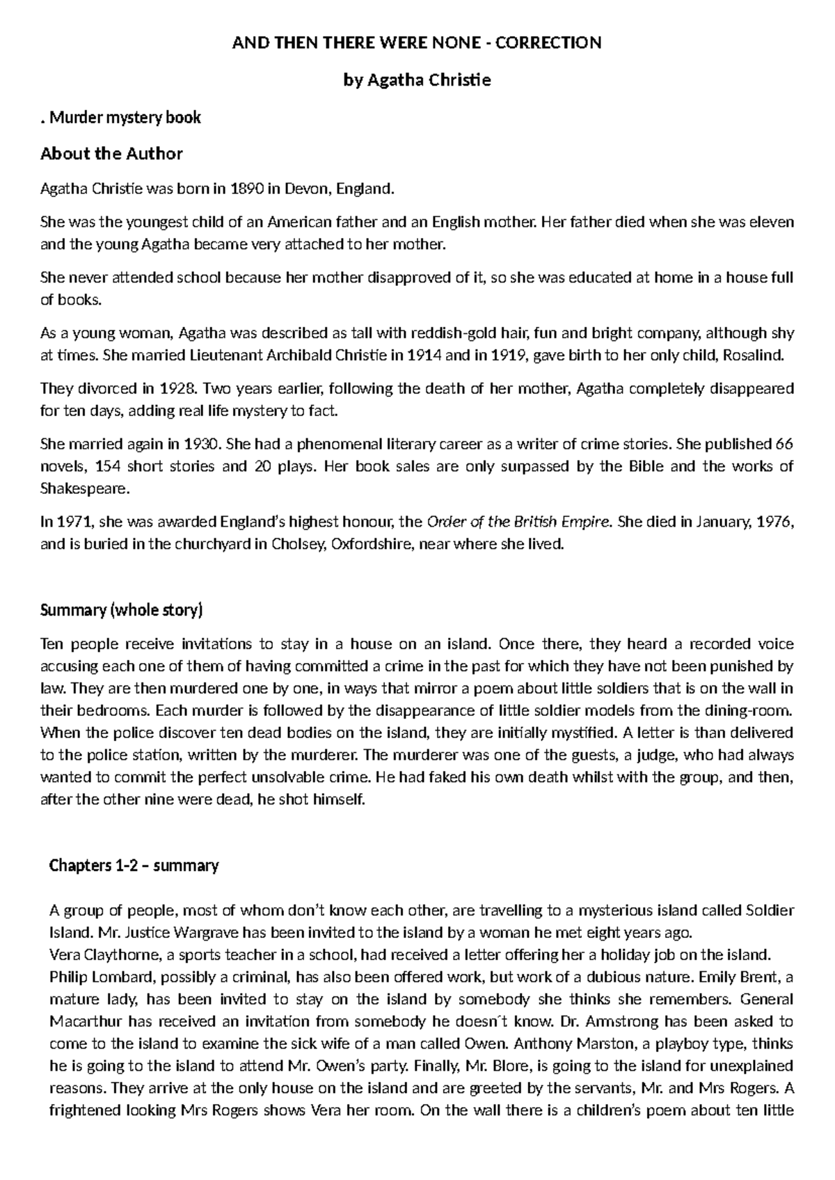AND THEN THERE WERE NONE - Teacher's Notes Correction - Studocu