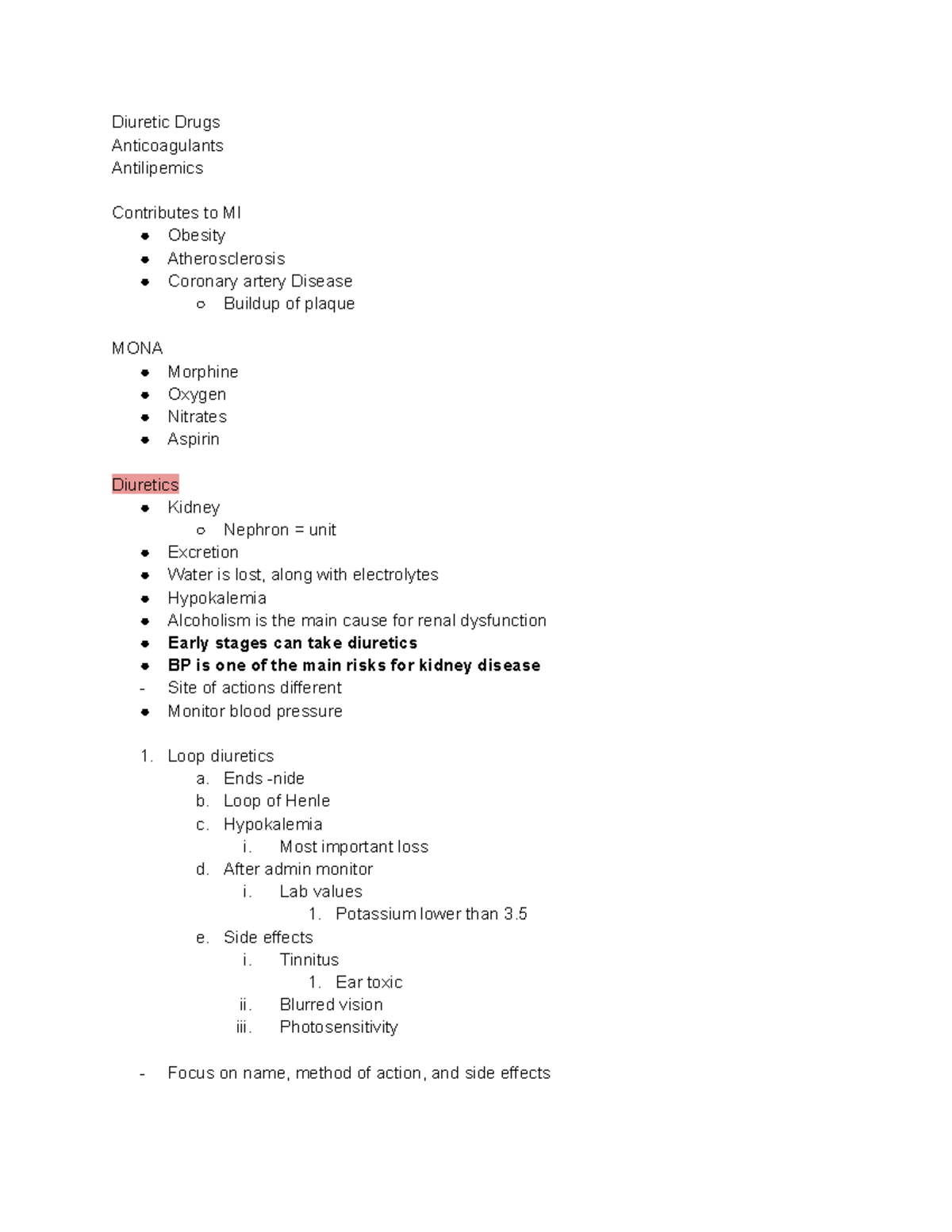 Pharmacology Notes: Diuretic & Anticoagulant Drug Classification - Studocu