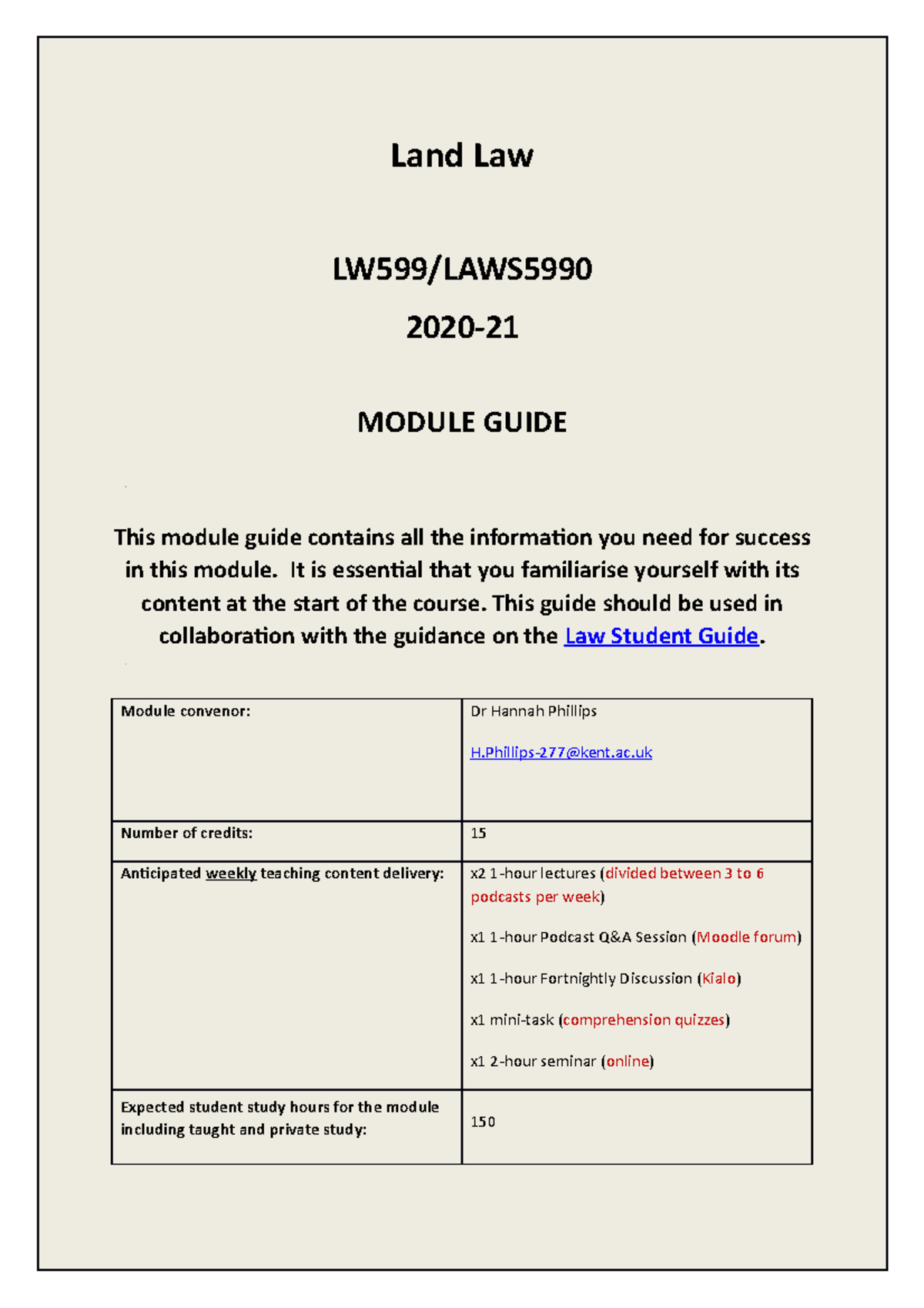 Land Law Module Guide - Land Law LW599/LAWS 2020- MODULE GUIDE This ...