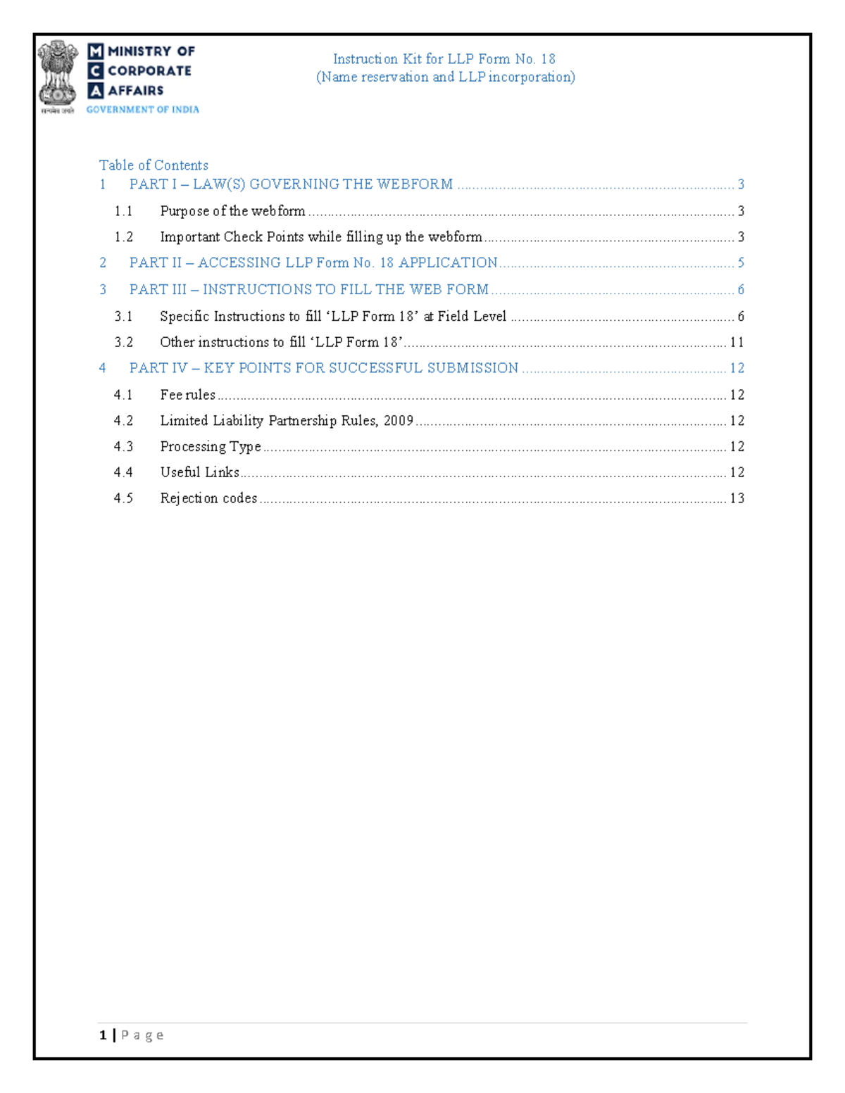Instruction Kit Form 18 (Form Fillip) - (Name reservation and LLP ...