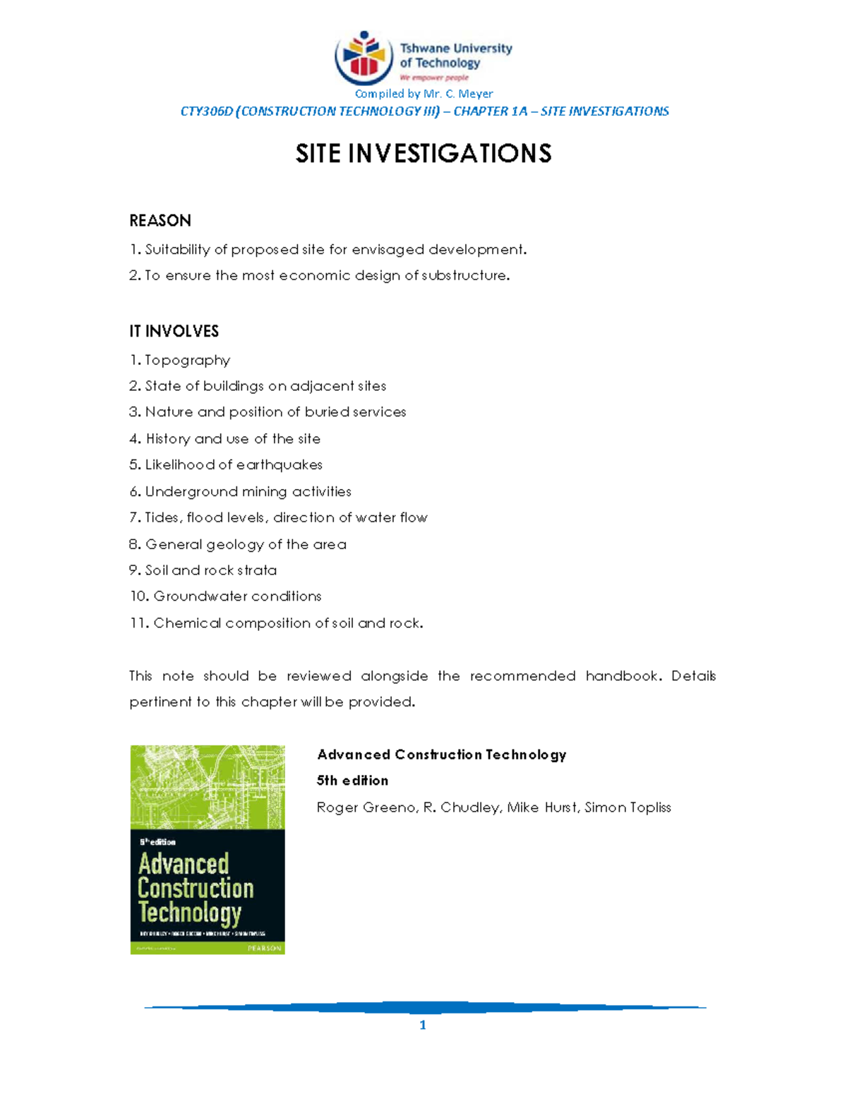 CTY306D Construction Technology Chapter 1A: Site Investigations ...