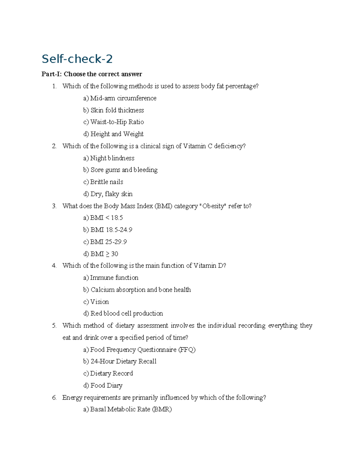 Self Check 2: Nutrition Quiz on Body Fat, Vitamins, and Nutritional ...