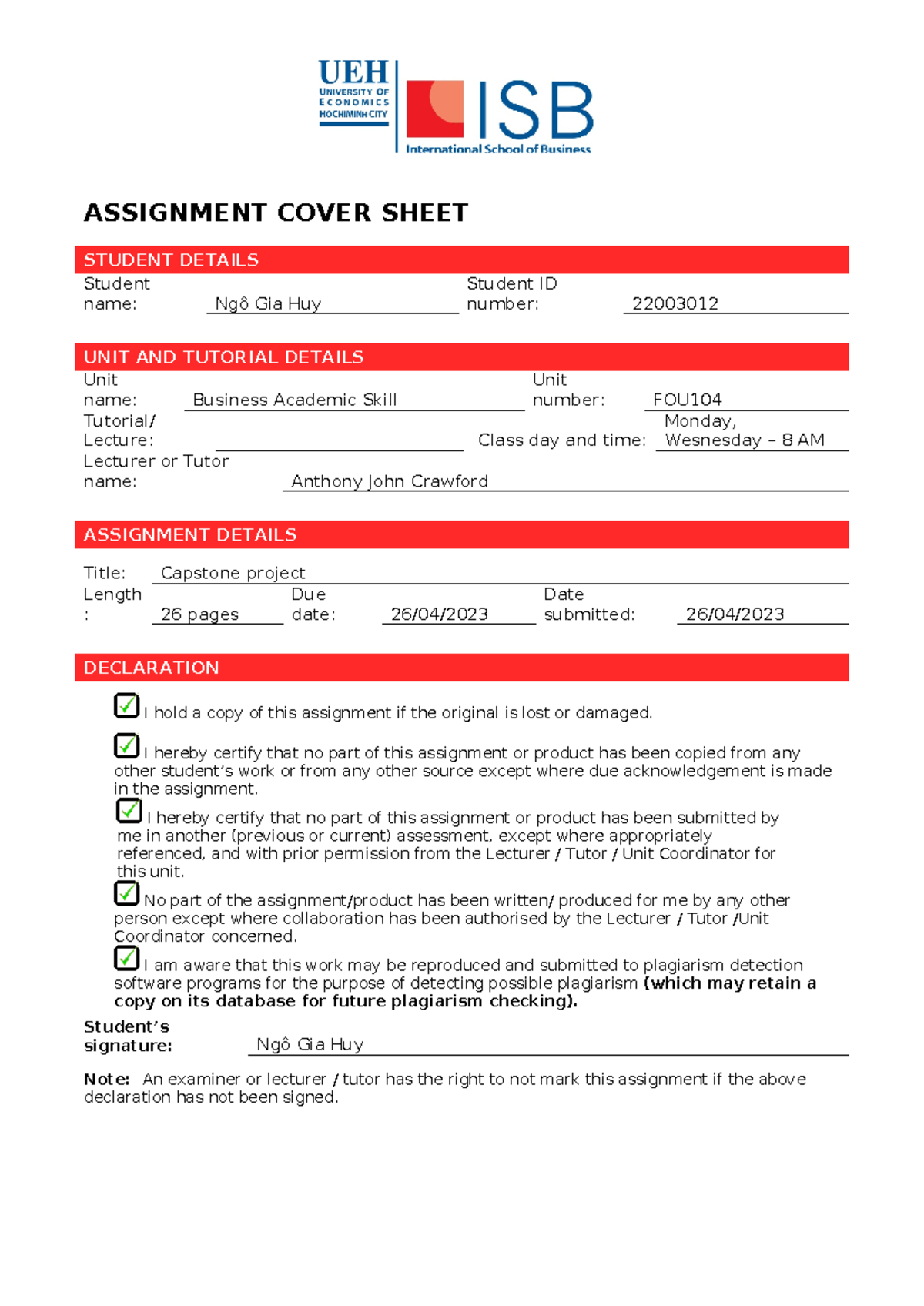 Individual Assignment Cover Sheet ISB - ASSIGNMENT COVER SHEET STUDENT ...