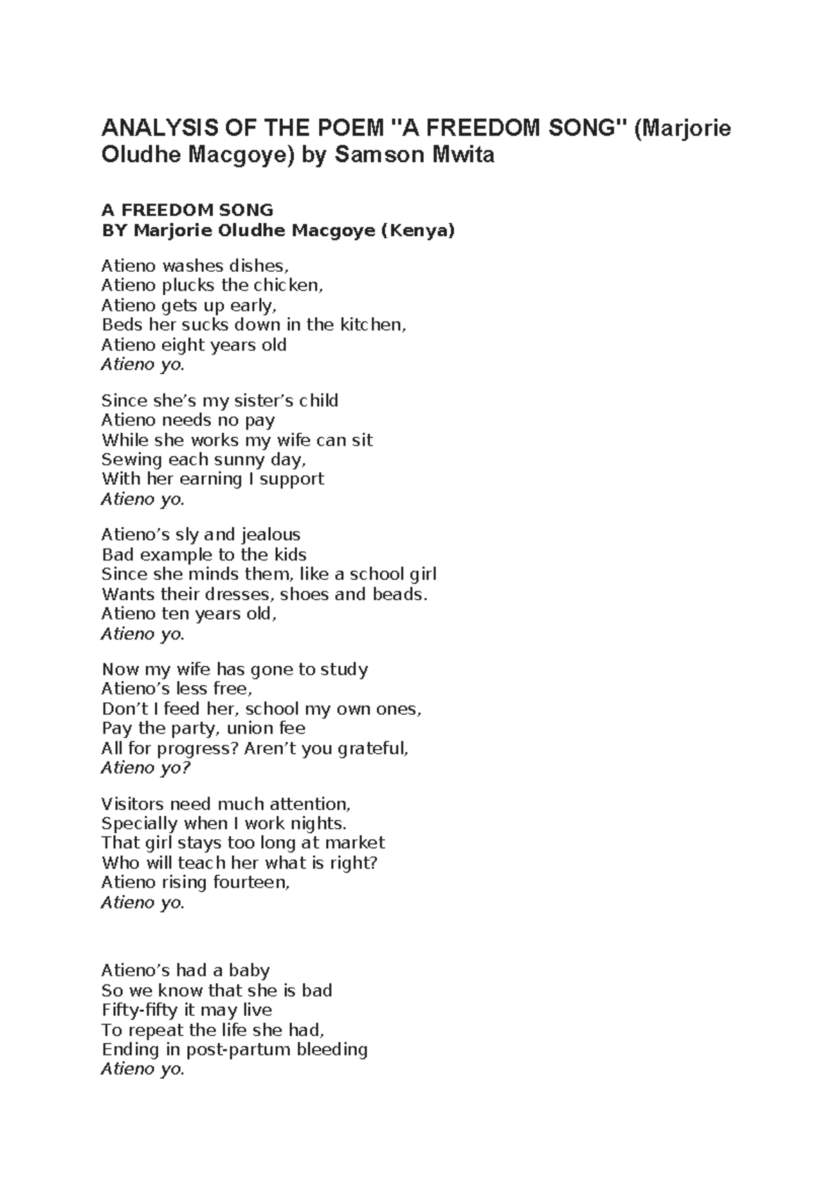 Analysis of "A Freedom Song" by Marjorie Oludhe Macgoye - Studocu