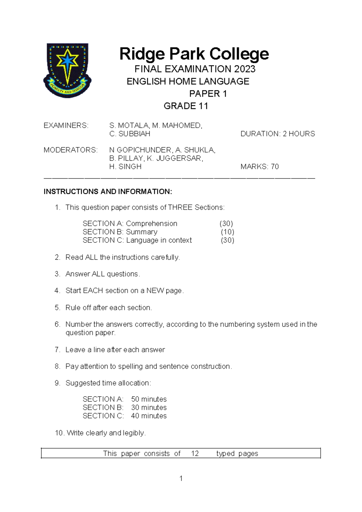 Grade 11 English Home Language P1 Final Exam Comprehension 2023 - Studocu