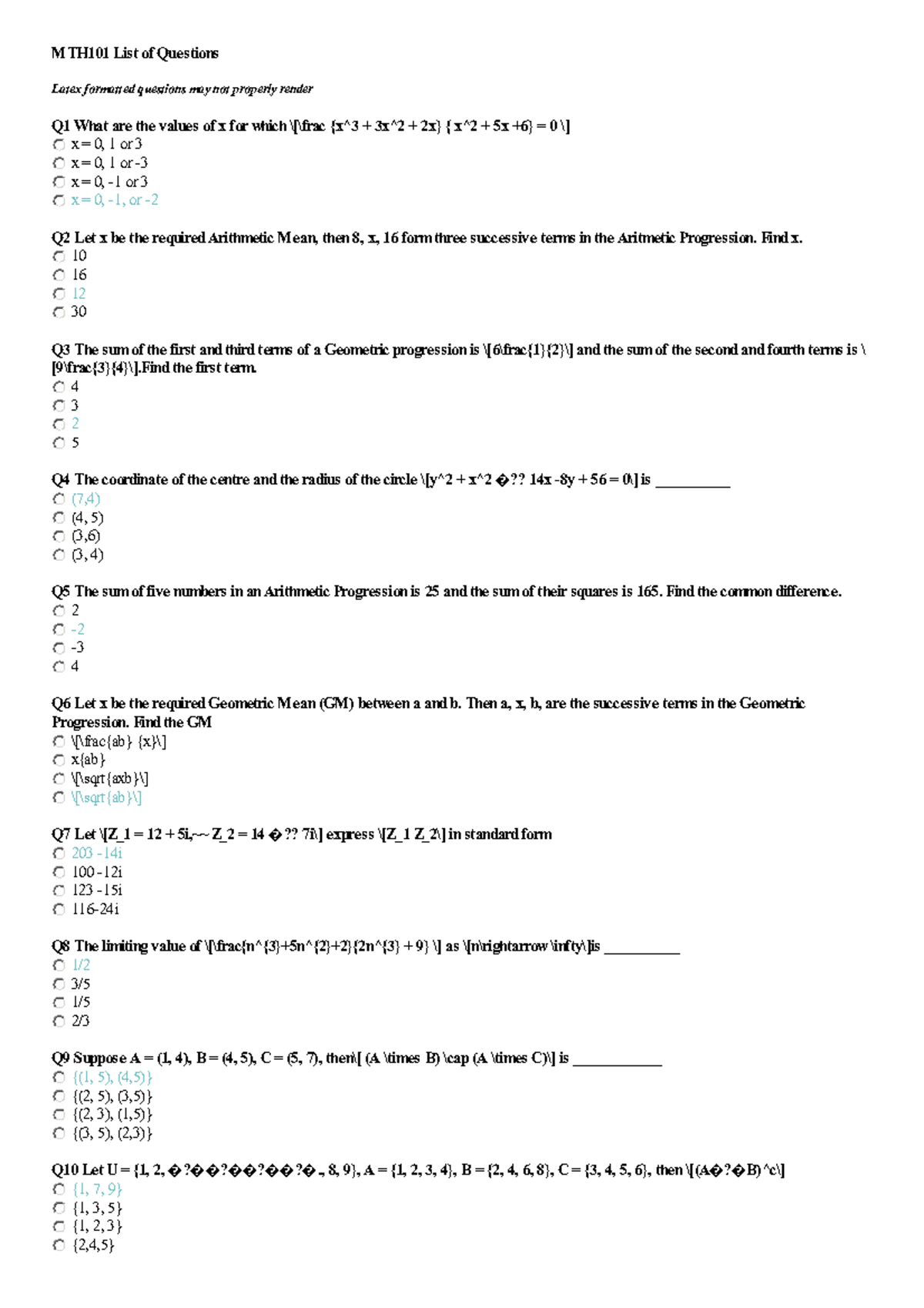 MTH101 - Comprehensive List of Practice Questions and Answers - Studocu