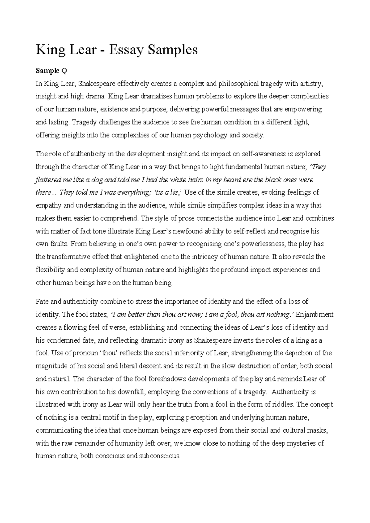 King Lear - Essay Samples and Analysis on Tragedy and Human Nature ...