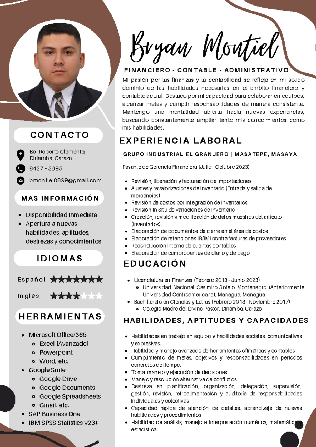 Curriculum Vitae - Bryan Montiel - Finanzas y Contabilidad - Studocu
