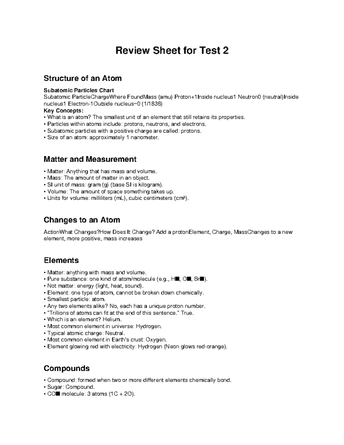 Test 2 Review Sheet: Structure of Atoms, Matter & Density Concepts ...