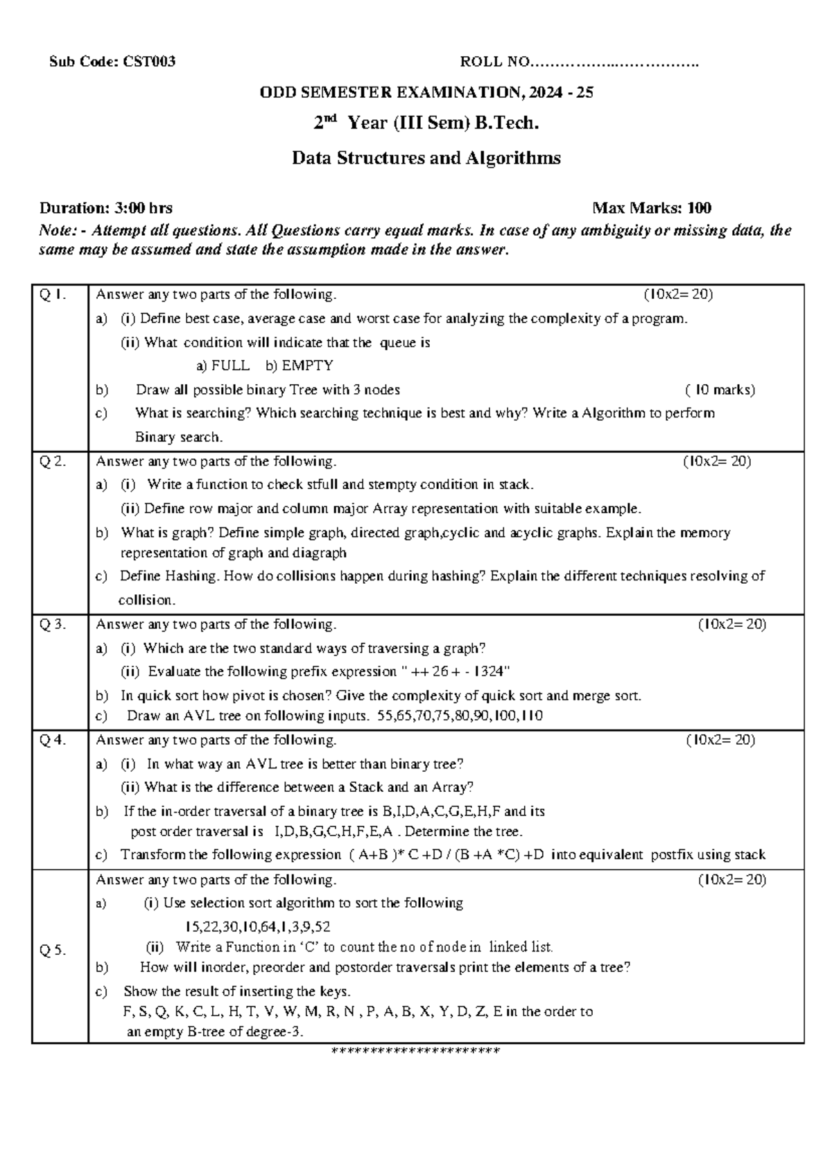 Data Structures and Algorithms CST-003 ODD SEM 2024 Exam Guide - Studocu