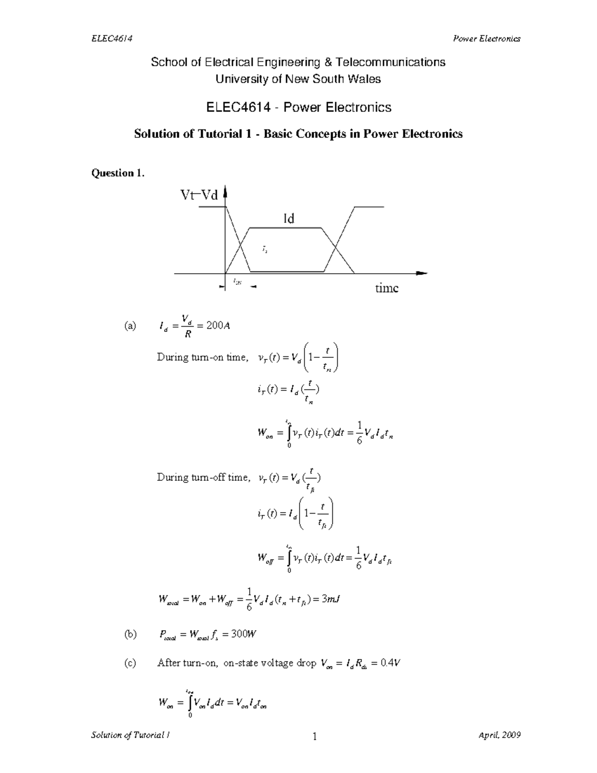 Solution of Tutorial 1 - Basic Concepts in Power Electronics - ELEC4614 Power Electronics School ...