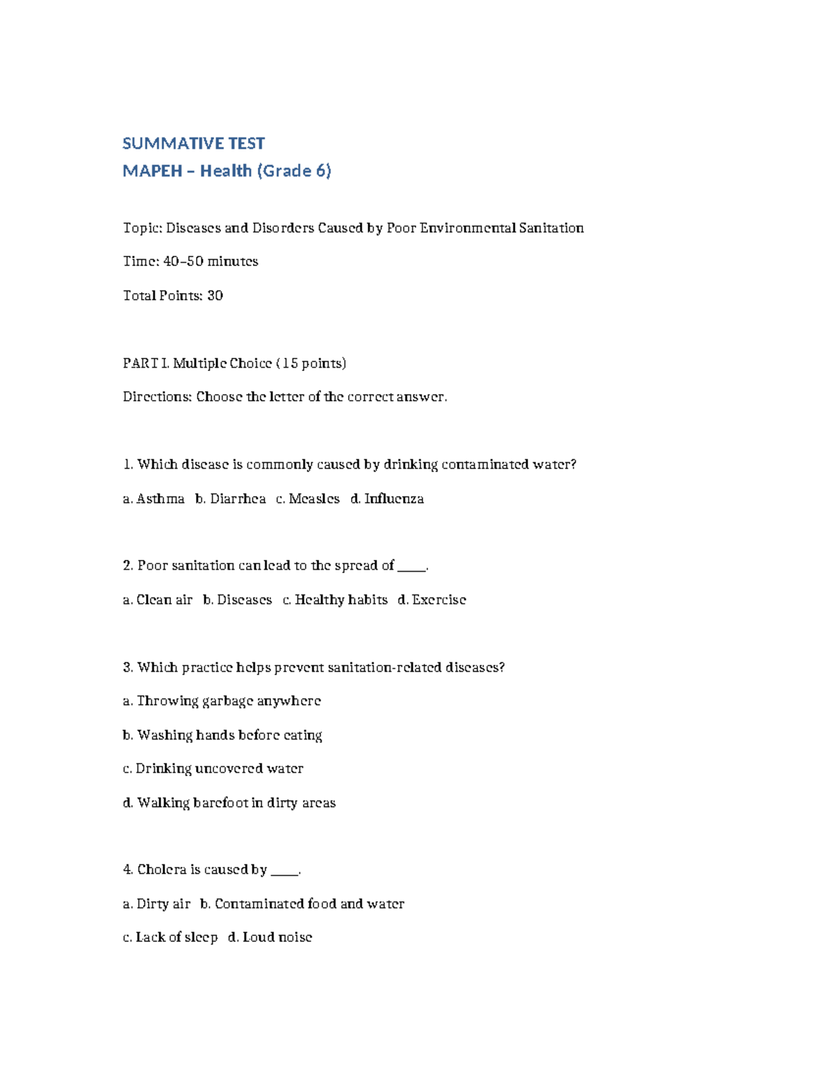 Summative Test MAPEH Health (Grade 6): Environmental Sanitation Issues ...