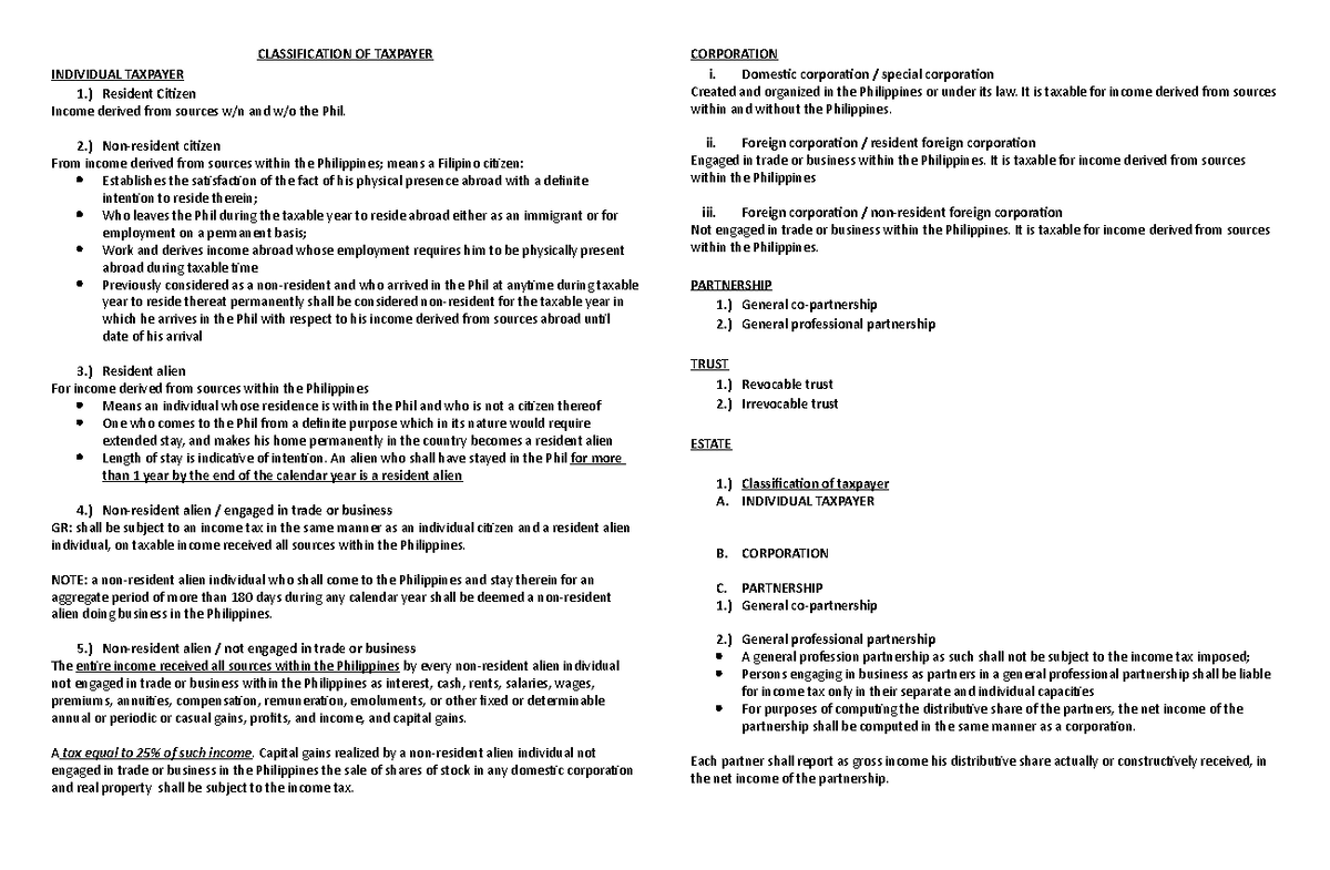 Classification OF Taxpayer Individual TA - CLASSIFICATION OF TAXPAYER ...