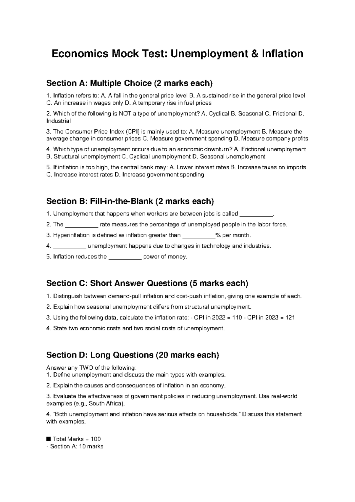 Economics Mock Test: Unemployment & Inflation MCQs and Short Answers ...