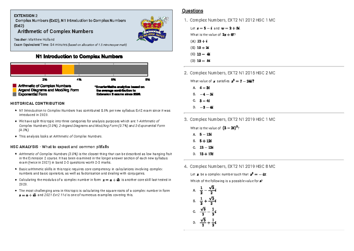 Complex Numbers EXT2 N1: Arithmetic Questions & HSC Analysis - Studocu