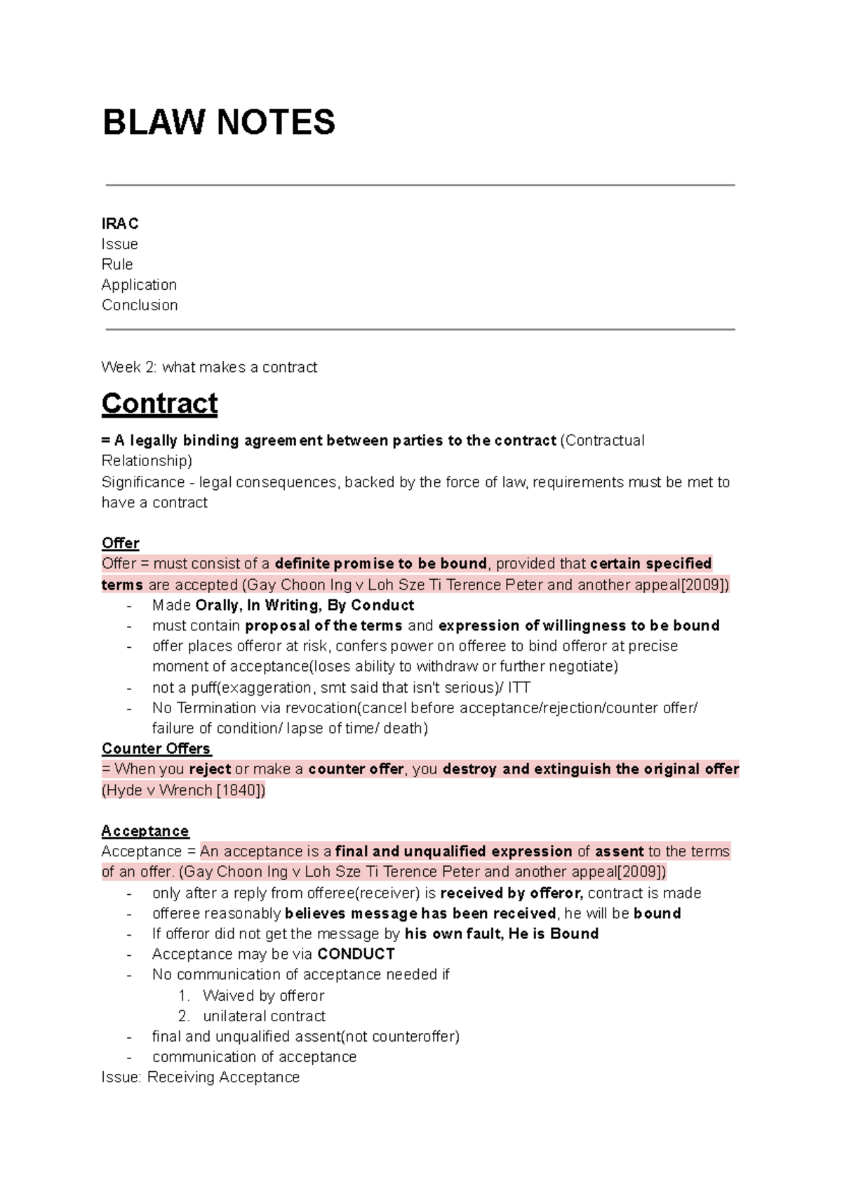 BLAW 101: Contract Law Notes - Week 2 IRAC Analysis and Key Cases - Studocu