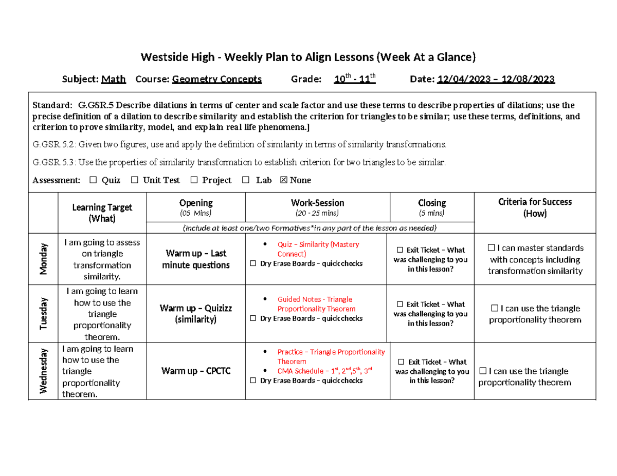 Geometry Weekly Lesson Plan: Triangle Similarity & Transformations (Wk ...