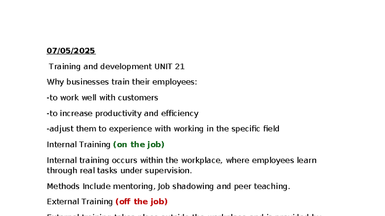 Training and development - 07/05/ Training and development UNIT 21 Why ...
