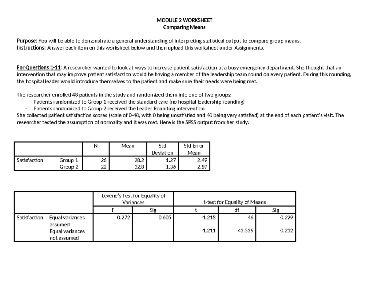 25SS Worksheet 2-1: Comparing Patient Satisfaction and Fall Rates in ...