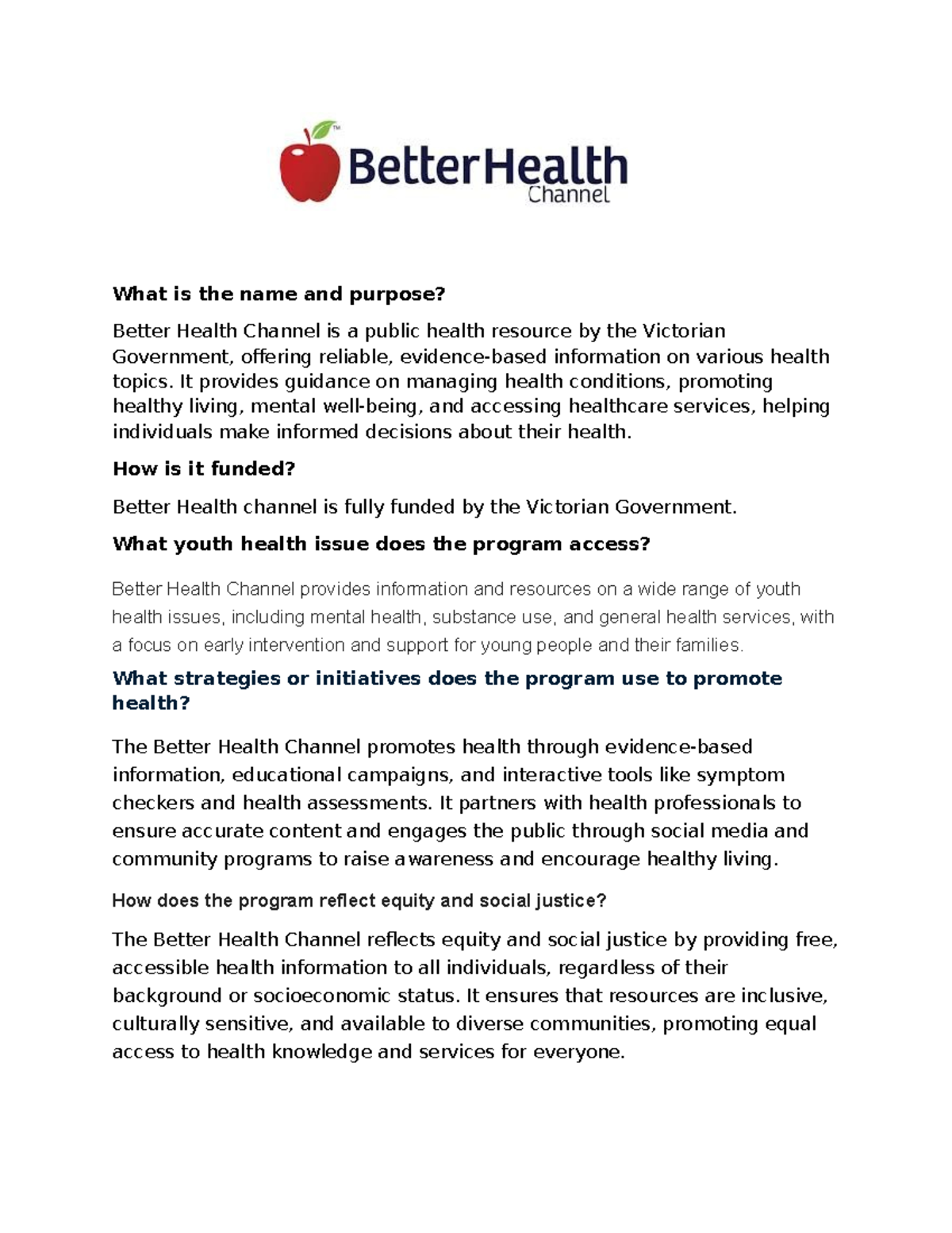 Better Health Channel Overview: Purpose, Funding, and Youth Issues ...