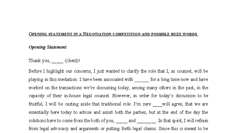 Standard draft for opening statement and buzz words in a negotiation ...